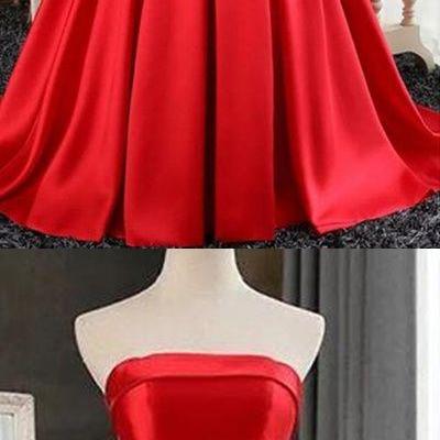 Elegant Strapless Sweep Train Ball Gown Red Pleats Prom Dress With Bow ...