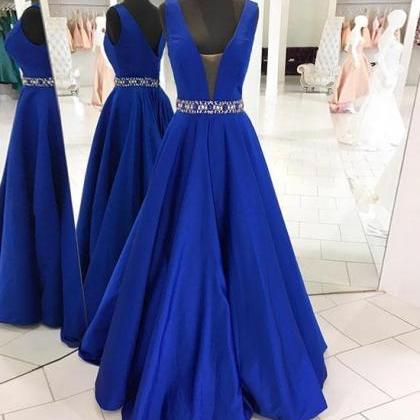 High Fashion A-Line Deep V-Neck Dark Blue Long Prom Dress With Beading ...