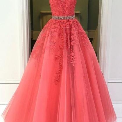 Stylish Backless Coral Lace Long Prom Dress, Coral Lace Formal ...