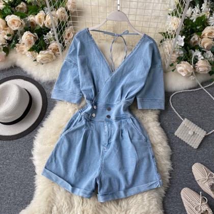 A-line Puff Sleeve V-neck Denim Skirt Women Summer Dress on Luulla