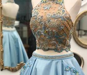 Unique Two Pieces Beads Long Prom Gown, Unique Blue Evening Dress on Luulla