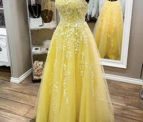 A Line Backless Yellow Lace Long Prom Dresses, Yellow Lace Formal ...