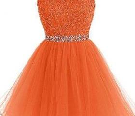 Round Neckline Orange Tulle Beaded Homecoming Dress, Short Party Dress ...