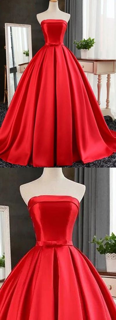 Elegant Strapless Sweep Train Ball Gown Red Pleats Prom Dress With Bow ...