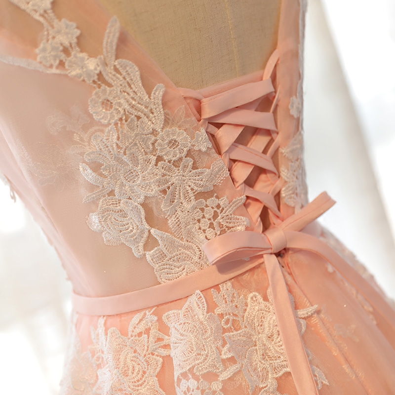 Simple Pink Lace Long Senior Prom Dress, Long Tulle Bridesmaid Dress on ...
