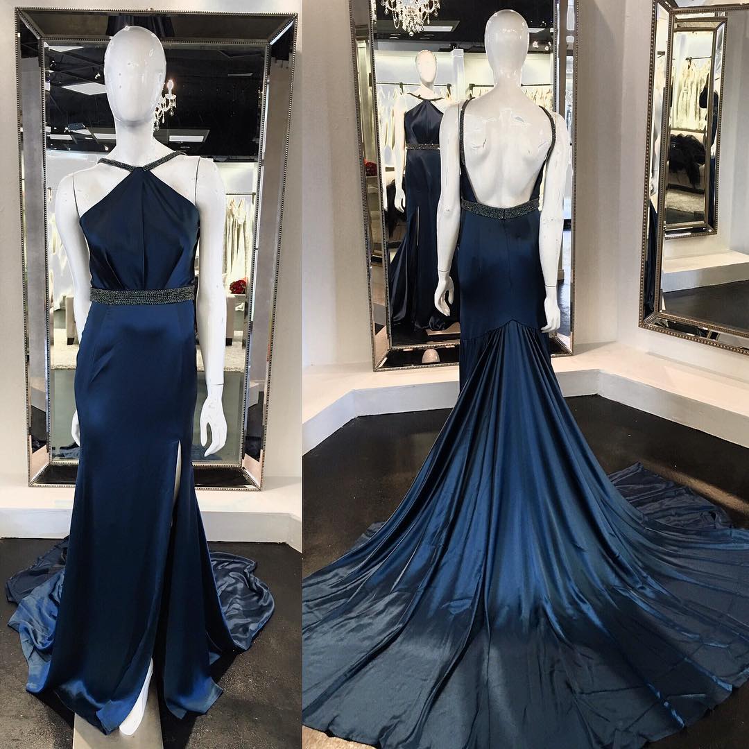 Unique Mermaid Halter Backless Split Front Sweep Train Prom Dress With ...