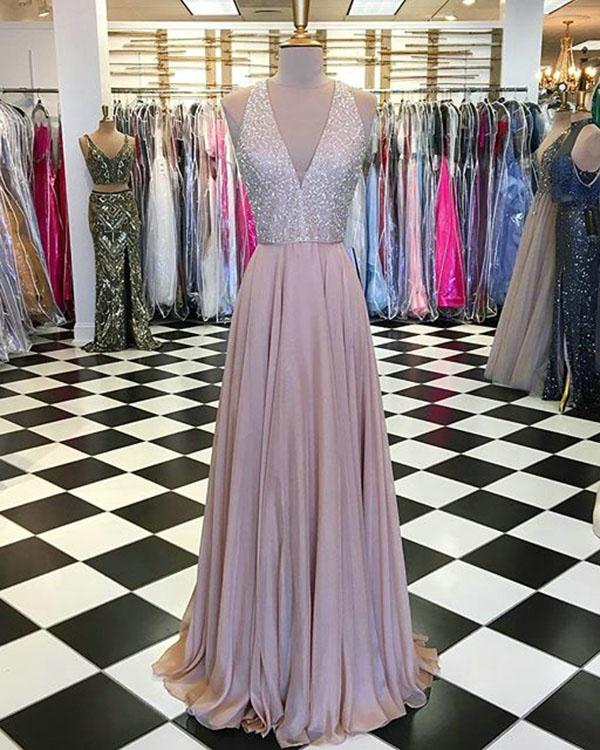 Chiffon Prom Dresses With Sequins Beaded 2018 Elegant Prom Gowns V-neck ...