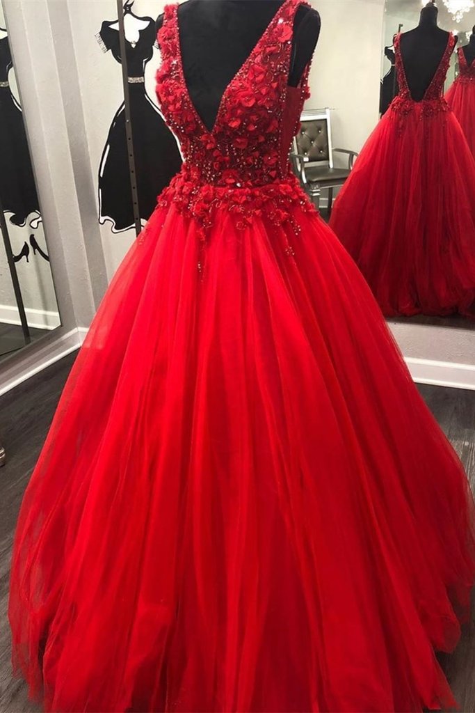 V Neck Open Back Beading Red Long Prom Dress With 3d Flower, V Neck Red ...