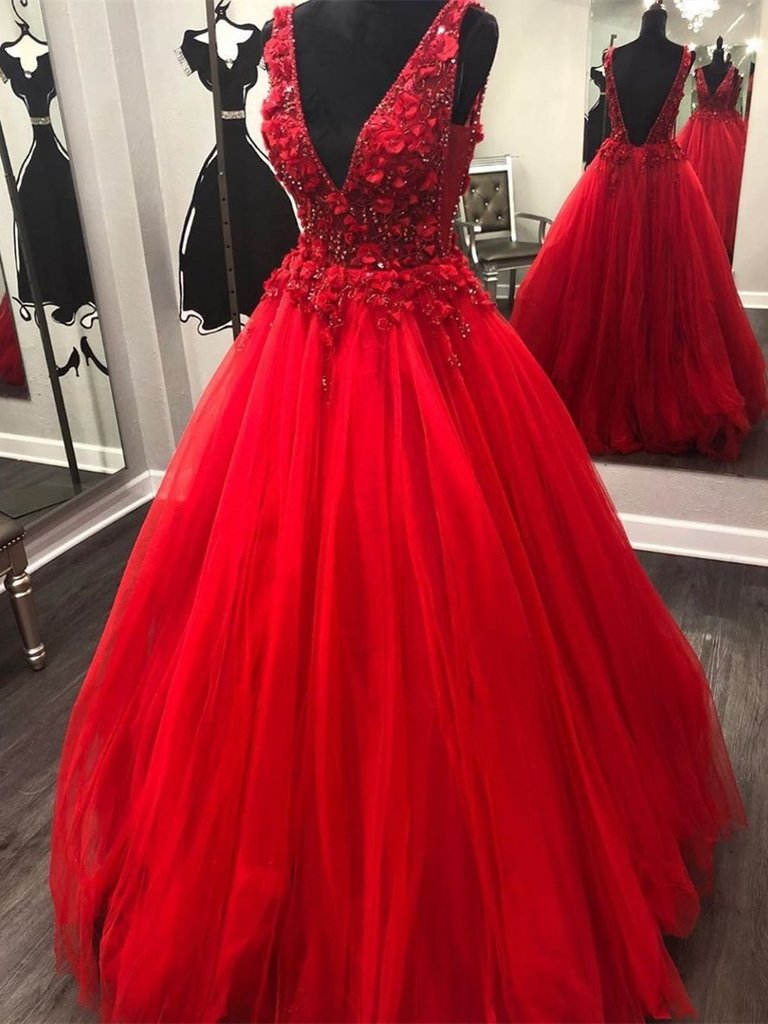 V Neck And V Back Beading Red Lace Floral Long Prom Dresses, Open Back ...