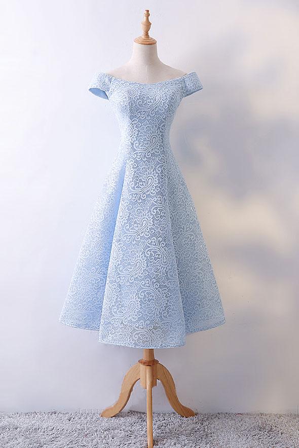 Blue Lace Tea Length Prom Dress, Blue Evening Dress on Luulla