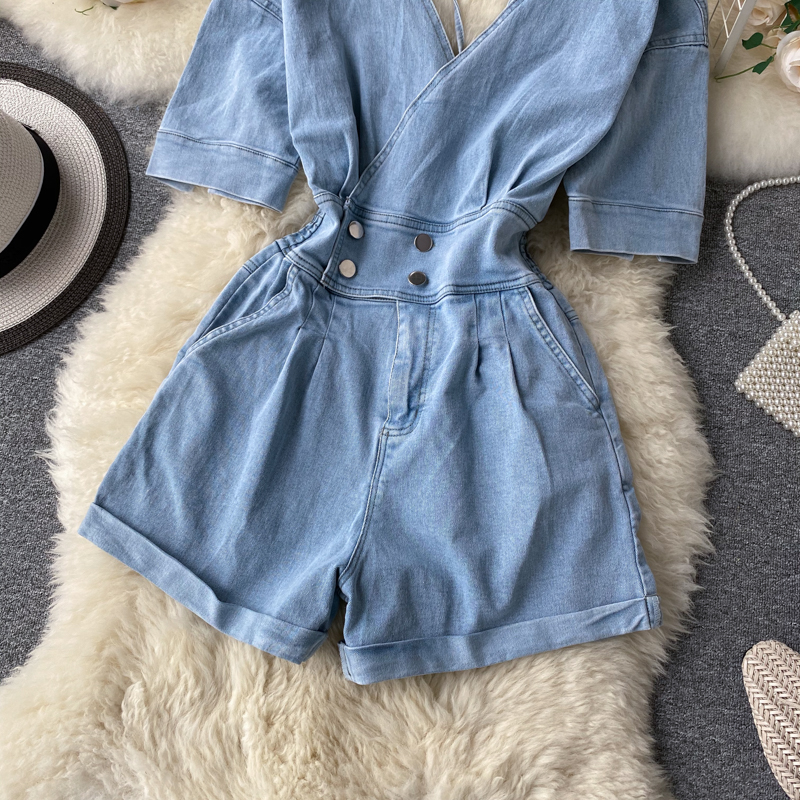 A-line Puff Sleeve V-neck Denim Skirt Women Summer Dress on Luulla