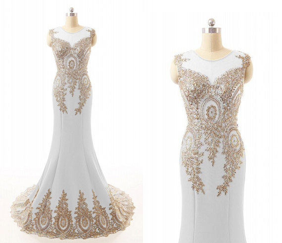 White Prom Dresses Sparkle Evening Dress Gold Beaded Prom Dresses Red