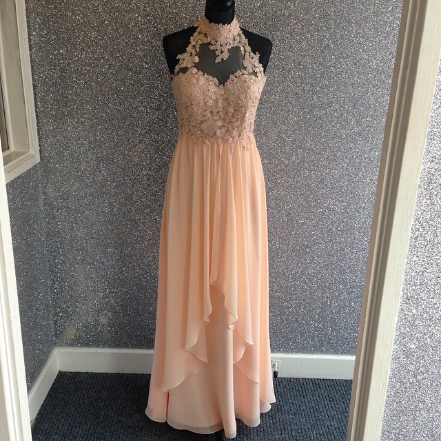 Prom Dress,modest Prom Dress,elegant Lace Halter Long Chiffon Champagne ...