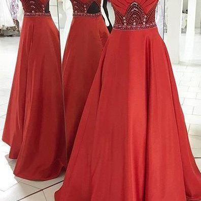 Red Prom Dresses Spaghetti Straps Crystal A-line Satin Prom Dress on Luulla