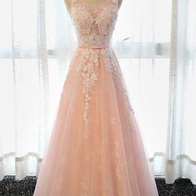 Simple Pink Lace Long Senior Prom Dress, Long Tulle Bridesmaid Dress on ...