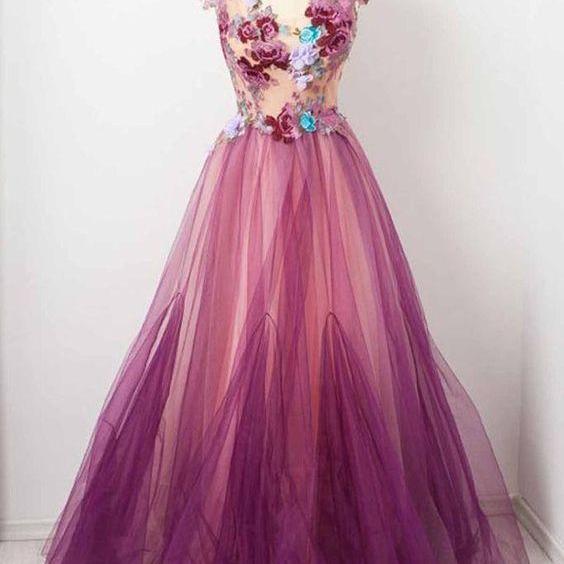 Chic A-line V Neck Fuchsia Prom Dress With Floral Prom Dresses Long ...