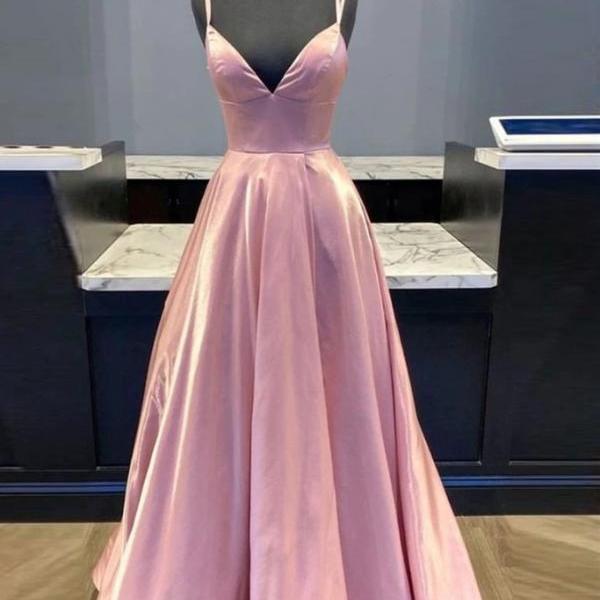 Custom Made V Neck Backless Pink Prom Dress, Backless Pink Formal Dress ...