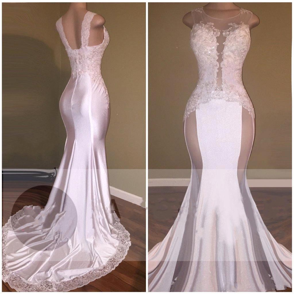 Sexy Mermaid Appliques Sheer Evening Gown White Beading Lace Glossy ...