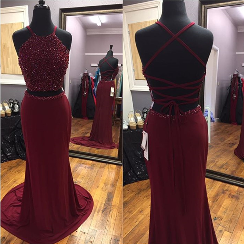 Burgundy Prom Dress,mermaid Prom Dress,two Piece Prom Dress,open Back ...