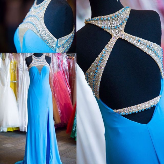 Open Neck Sheath Chiffon Prom Dresses Crystals Floor Length Women ...