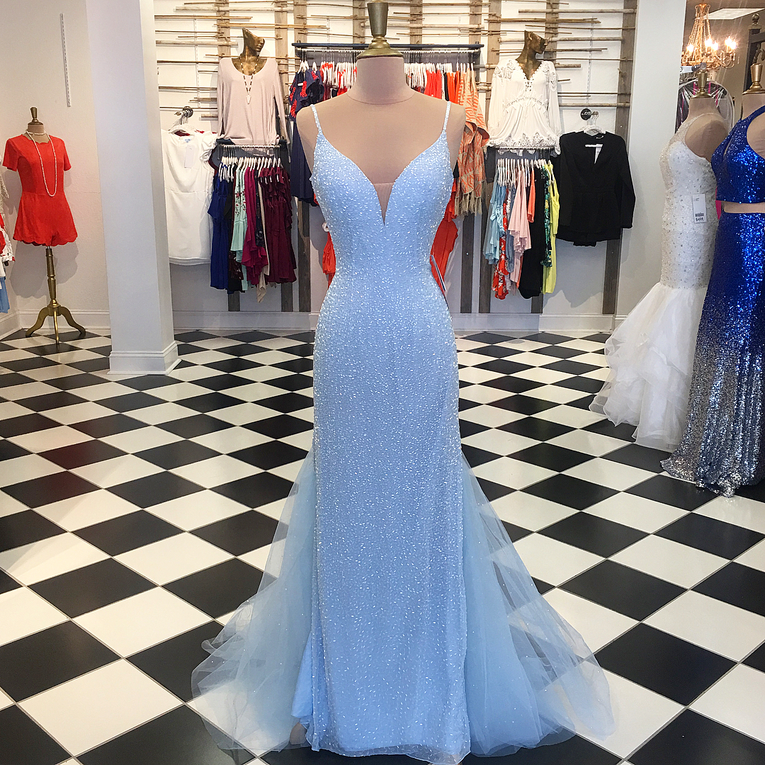 Charming Blue Mermaid Prom Dress, Sexy Spaghetti Straps Long Prom ...