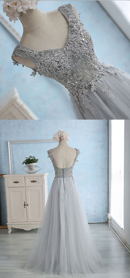 Gray Blue Long Prom Dresses With Appliques P1505 on Luulla