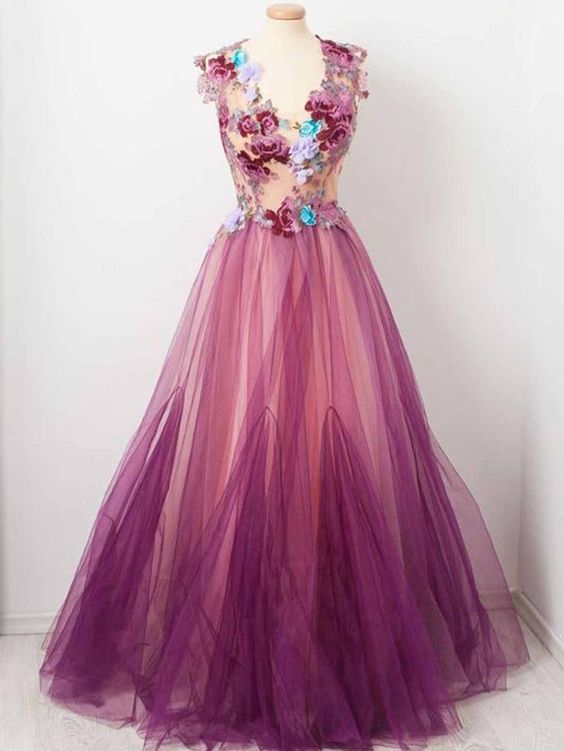 Chic A-line V Neck Fuchsia Prom Dress With Floral Prom Dresses Long ...