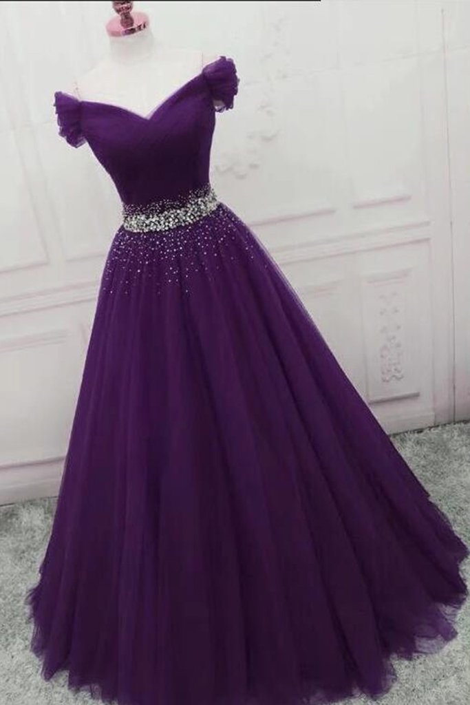 Off The Shoulder Dark Purple Long Prom Dress With Beadings, Off ...