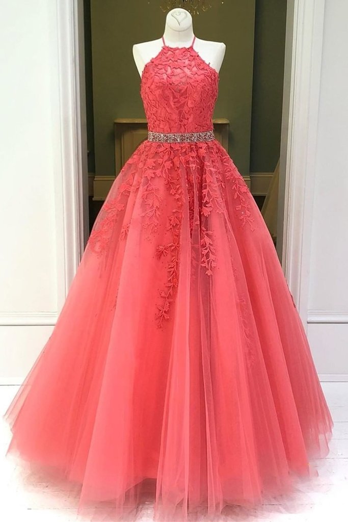 Stylish Backless Coral Lace Long Prom Dress, Coral Lace Formal ...
