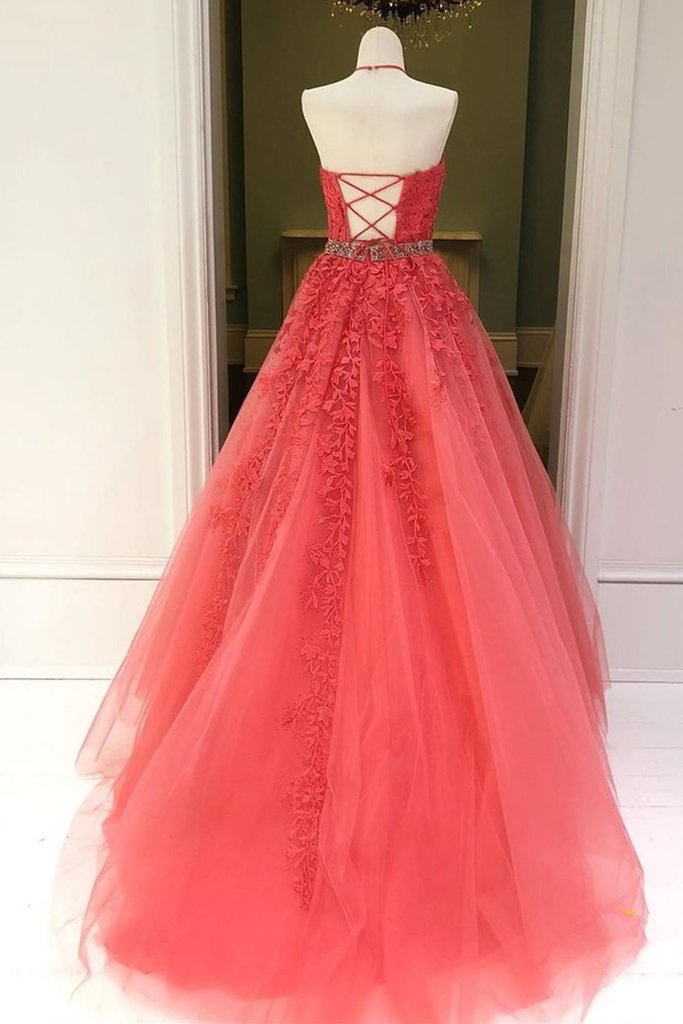Stylish Backless Coral Lace Long Prom Dress, Coral Lace Formal ...