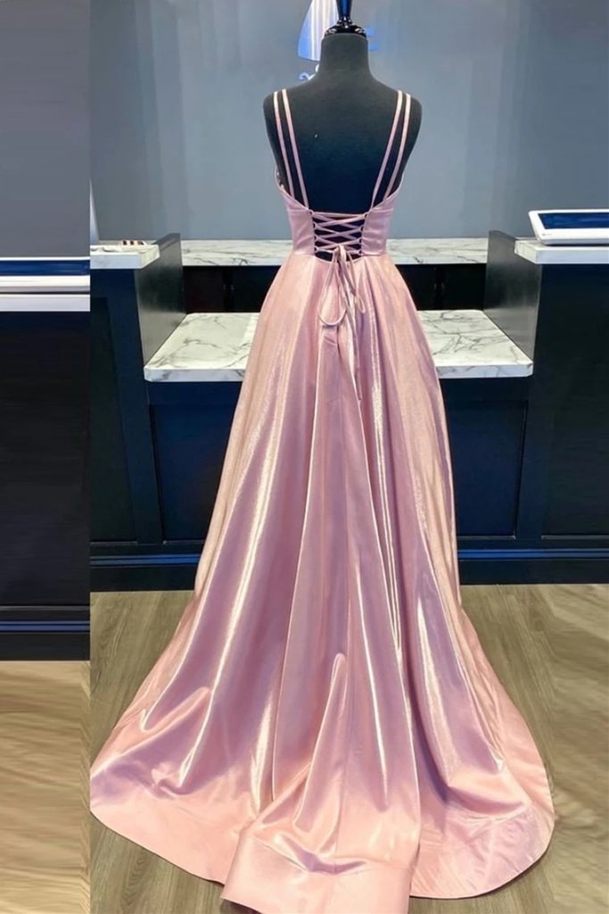 Custom Made V Neck Backless Pink Prom Dress, Backless Pink Formal Dress ...