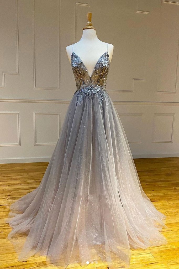 Gray V Neck Tulle Long Prom Dress Gray Tulle Formal Dress on Luulla