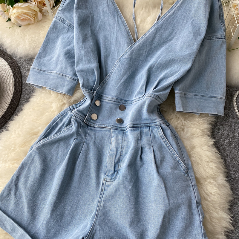 A-line Puff Sleeve V-neck Denim Skirt Women Summer Dress on Luulla
