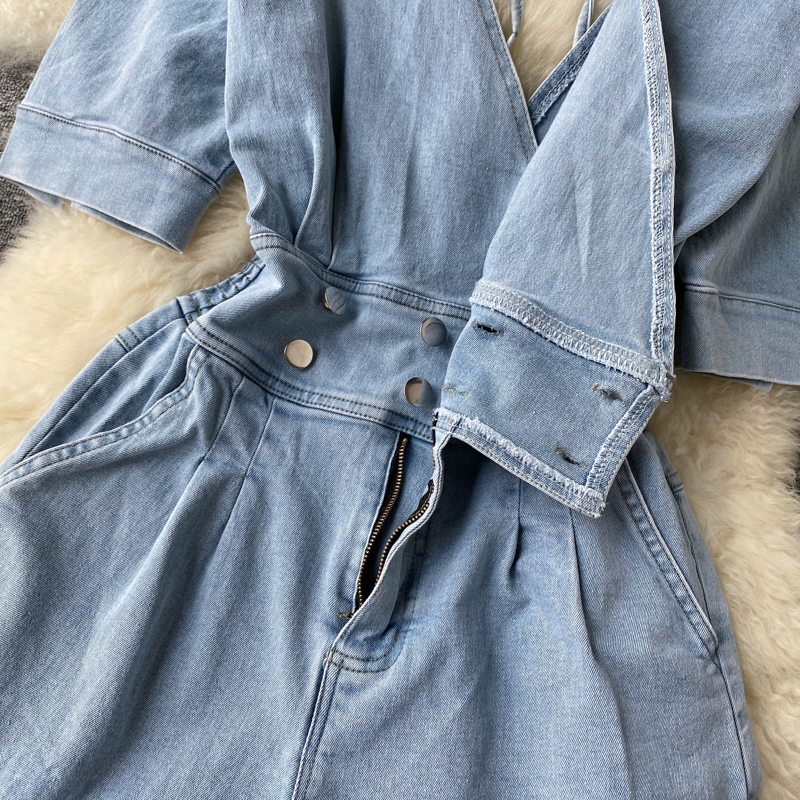 A-line Puff Sleeve V-neck Denim Skirt Women Summer Dress on Luulla