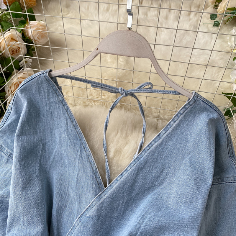 A-line Puff Sleeve V-neck Denim Skirt Women Summer Dress on Luulla