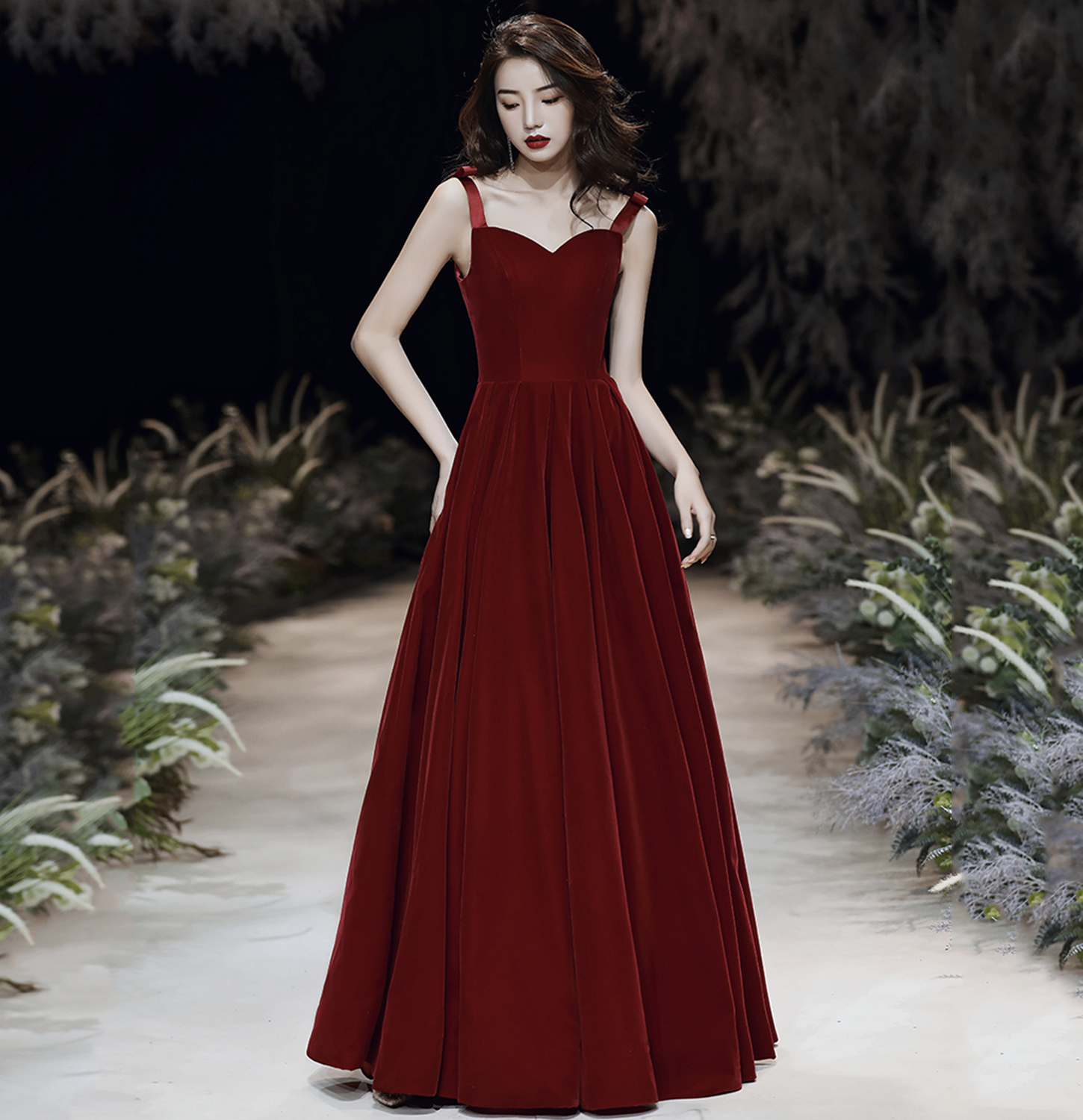 Red Velvet Long Prom Dress Simple Evening Gown on Luulla