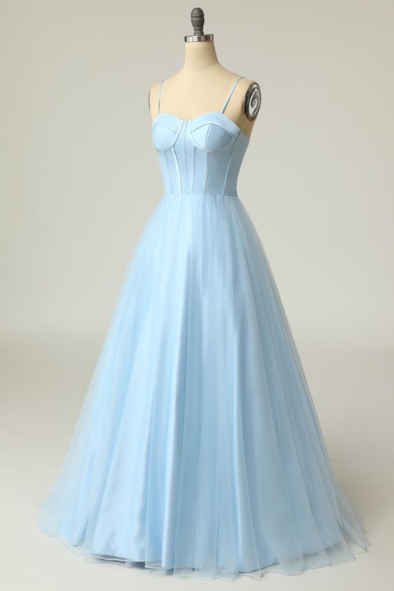 Light Blue Tulle A-line Spaghetti Straps Prom Dress P44 on Luulla
