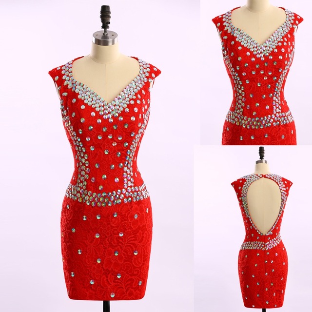 Elegant Beaded Rhinestone Red Short Prom Dresses Homecoming Dress Short ...